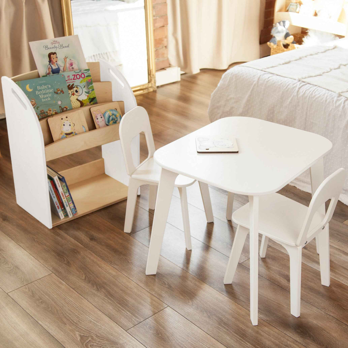 Wooden bookshelf, kid's table and two shairs set